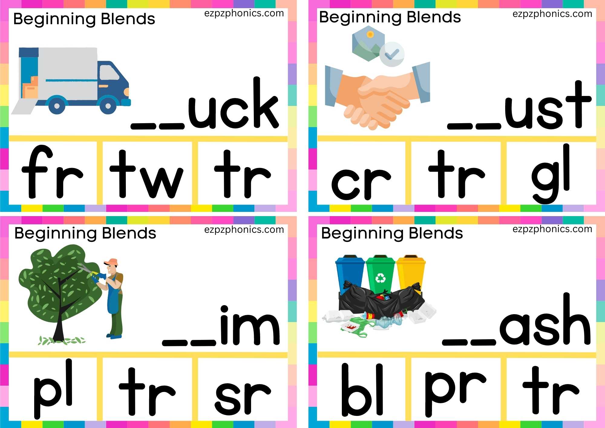 TR Beginning Blends Clip Cards Finish The Words And Clip The Correct Letters Set 2 - ezpzphonics.com
